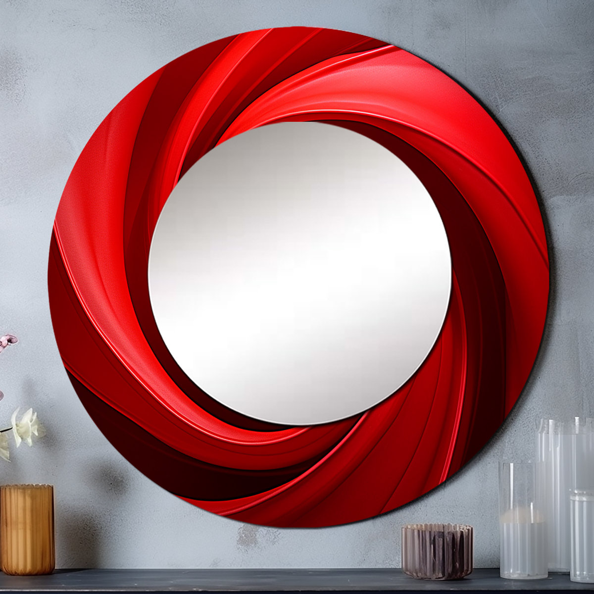 Design Art Red Perpetual Pulse Vortex - Abstract Spirals Round Mirror Wall Decor | Wayfair